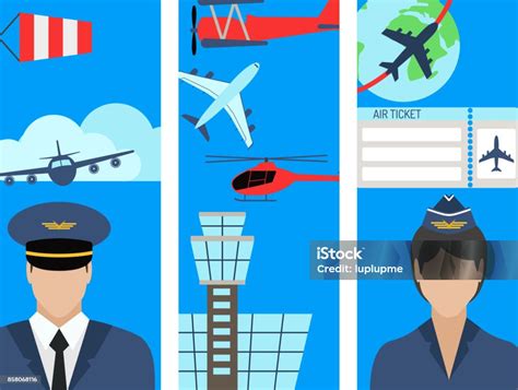 항공 안내 책자 설정 항공사 역 공항 기호 출발 터미널 비행기 Flayer 관광 벡터 일러스트 레이 션 공항에 대한 스톡 벡터