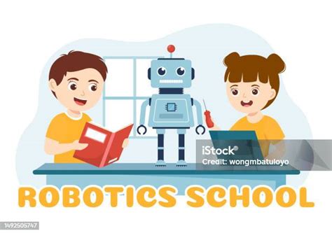 로봇 공학 학교 벡터 일러스트레이션 아이 로봇 프로젝트 프로그래밍 및 엔지니어링 로봇에 평면 만화 손으로 그린 랜딩 페이지