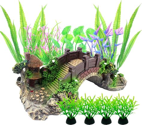 Quozuo 25 Stück Aquarium Dekoration Grün Plastikpflanzen Mit Natural Seashells Aquarium