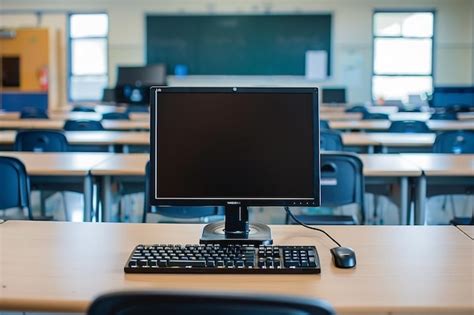 High School Computer Classroom Setup With Monitors And Desks Premium Ai Generated Image