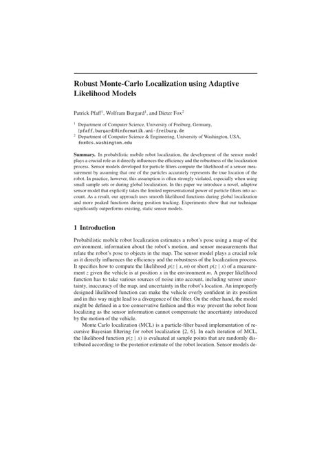 Pdf Robust Monte Carlo Localization Using Adaptive Likelihood Models