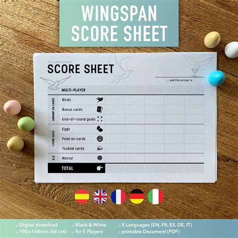Printable Wingspan Score Sheet 5 Languages Included English French