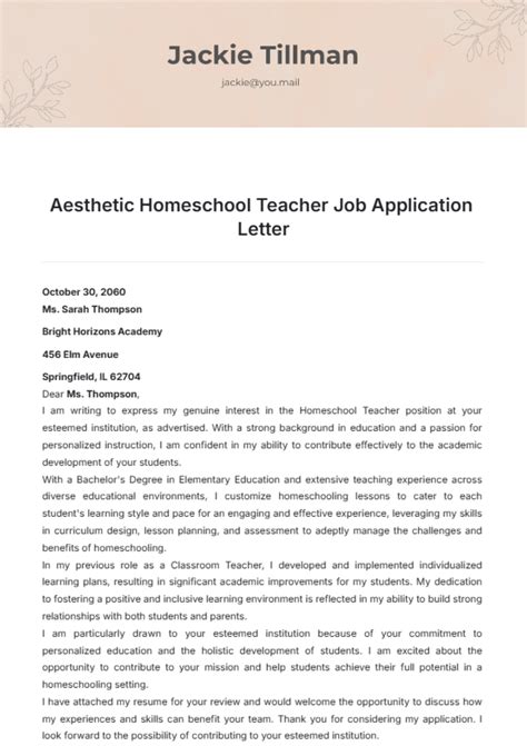 Free Aesthetic Homeschool Teacher Job Application Letter Template To