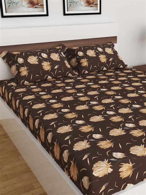 Buy Home Centre Brown And Beige Floral 3 Queen Bedsheet With Pillow
