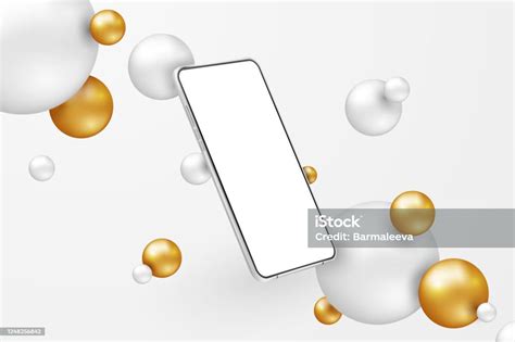 흰색 현실적인 스마트 폰 모형 밝은 배경에 빈 흰색 화면3d 휴대 전화 흰색과 황금 구와 추상적 인 장면에서 현대 휴대 전화 템플릿 모형 3차원 형태에 대한 스톡 벡터 아트