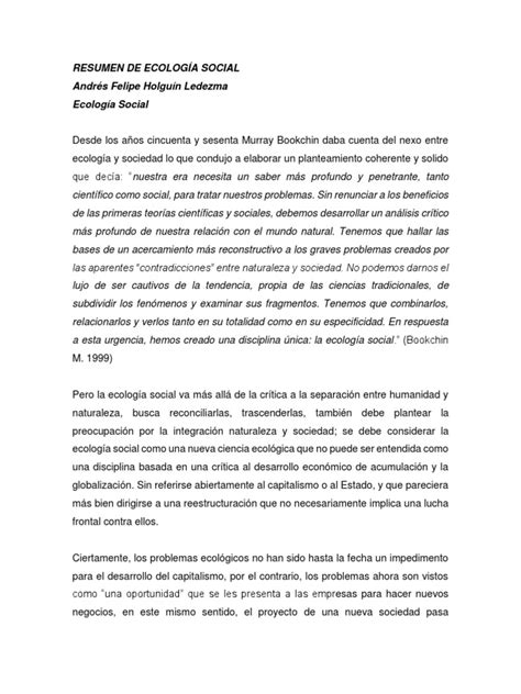 Resumen De Ecologia Social Pdf Sociedad Ecología
