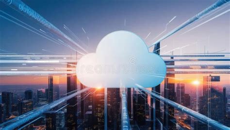 Digital Transformation Virtualized Cloud Interface Abstract Data Flows Modern Cityscape