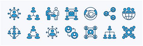 비즈니스 아이콘에서 사람 연결 집합입니다 팀워크 그룹 관리 팀 협력 계층 구조 조직 협업 글로벌 네트워크 공유를 포함합니다 벡터 일러스트 레이 션 0명에 대한 스톡 벡터