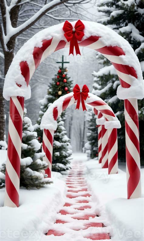 Photo Of Christmas Snowy Footprints Leading To A Candy Cane Arch With Hanging Stockings Ai