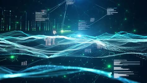 Abstract Blue And Green Digital Waves With Data Visualization Stock