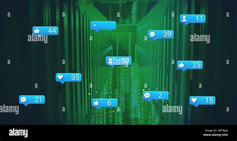 Floating Social Media Icons Showing Counts In Data Center Featuring Binary Code And Servers