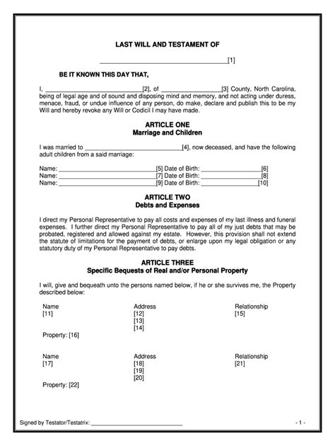 Last Will And Testament Free Template Nc