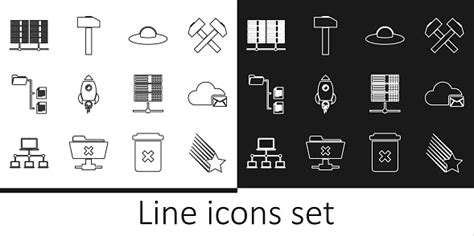 떨어지는 별 클라우드 메일 서버 Ufo 비행 우주선 불이 있는 로켓 폴더 트리 서버 데이터 웹 호스팅 및 망치 아이콘을 설정합니다 벡터 Launch Party에 대한 스톡