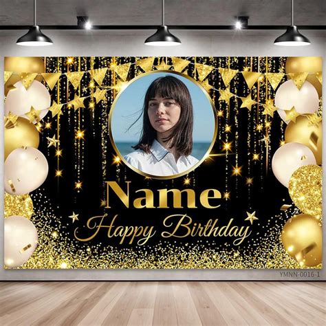 Custom Photo Name Birthday Backdrop Black And Gold Personalized Banner