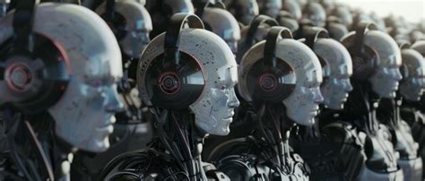 A Futuristic Assembly Of Humanoid Robots Equipped With Headsets Stands