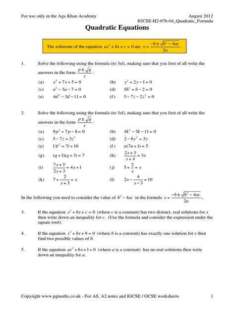 Igcse H2 07b 04 Quadratic Formula Pdf Equations Quadratic Equation