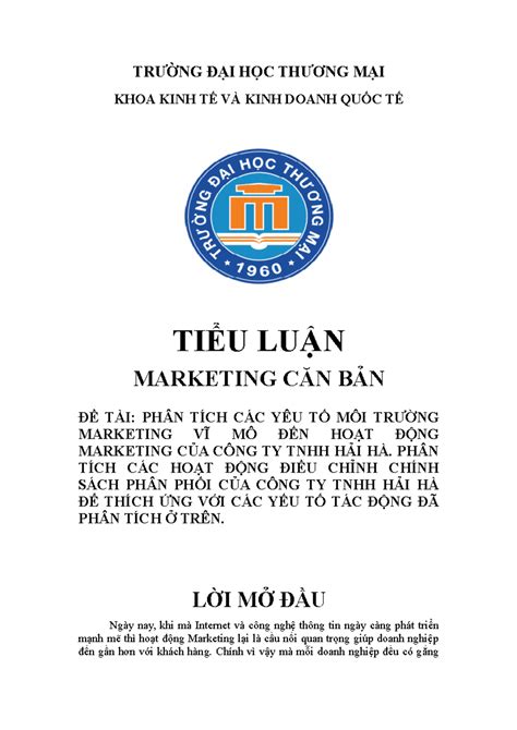 Mktcb MKT CB TRƯỜNG ĐẠI HỌC THƯƠNG MẠI KHOA KINH TẾ VÀ KINH DOANH QUỐC TẾ TIỂU LUẬN