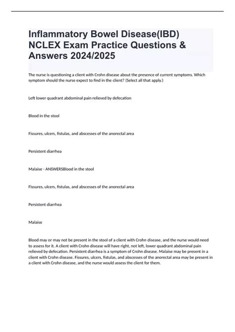 Inflammatory Bowel Disease Ibd Nclex Exam Practice Questions And Answers