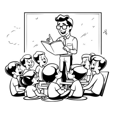 Premium Vector Teacher And Pupils In Classroom Black And White Vector