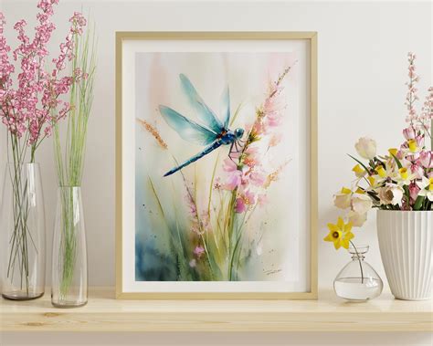 Blue Dragonfly Watercolor Print • Nature Wall Art • Pastel Botanical
