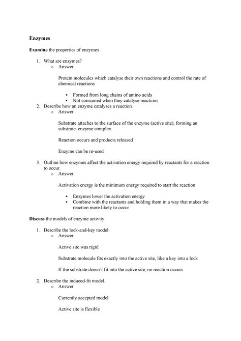 Cell Function Enzyme Notes Enzymes Examine The Properties Of Enzymes What Are Enzymes O