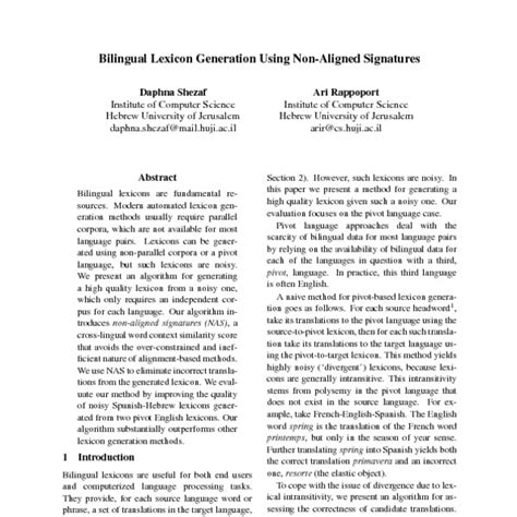 Bilingual Lexicon Generation Using Non Aligned Signatures Acl Anthology
