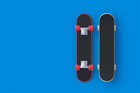 파란색 배경에 스케이트보드 취미와 여가 스포츠 장비 평면도 공간을 복사합니다 3d 렌더링 3차원 형태에 대한 스톡 사진 및 기타 이미지 Istock