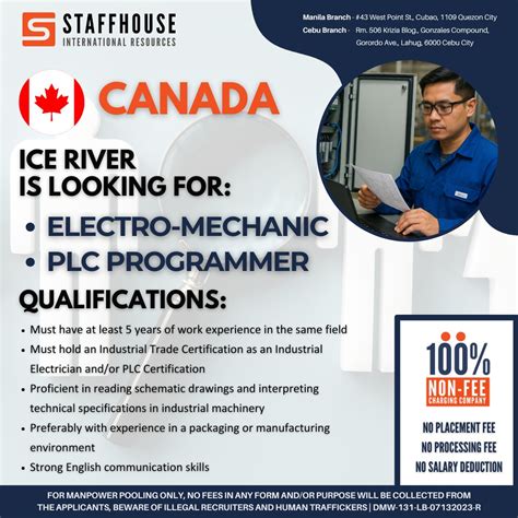 Electro Mechanic And PLC Programmer For Canada Ice River Staffhouse