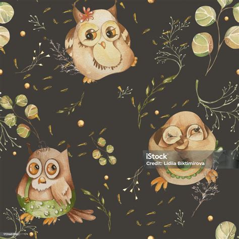 귀여운 만화 올빼미와 나뭇잎이 있는 가을 이음매 없는 패턴 검은색 배경에 수채화 아이들 그림 디자인을 위해 11월에 대한 스톡 벡터 아트 및 기타 이미지 Istock