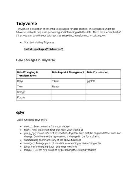 Tidyverse Core Packages In Tidyverse Pdf R Programming Language Regression Analysis