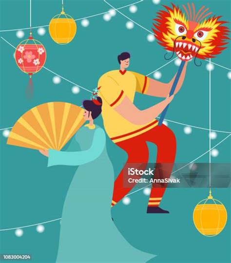 중국 사람들은 음력 새 해를 축 하입니다 사자 용 댄스 여자와 남자 캐릭터 퍼레이드 나 카니발에 중국 전통 의상을 입고 벡터