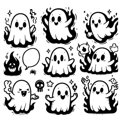 터 세트 만화 고스트 두들 터 고립 터 일러스트레이션 프리미엄 벡터