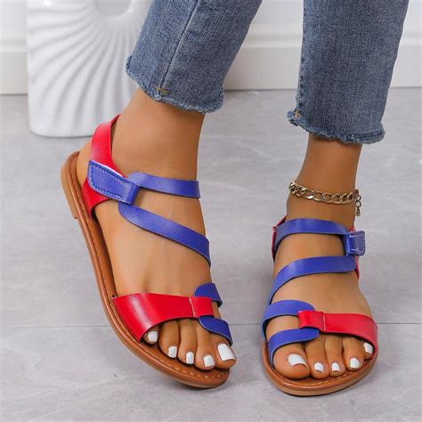 Color Blocked Velcro Womens Flat Sandals Anti Slip Beach Casual Shoes