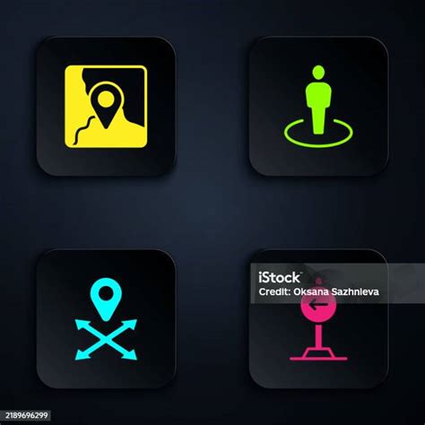 교통 표지판 좌회전 위치 마커가 있는 접힌 지도 위치 및 사람을 설정합니다 검은색 사각형 버튼입니다 벡터 거리에 대한 스톡 벡터 아트 및 기타 이미지 Istock