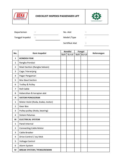 FORM CHECK LIST INSPEKSI PASSENGER LIFT (ALIMAX) | PDF