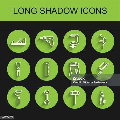 세트 라인 페인트 롤러 브러시 렌치 스패너 나무 평면 도구 큰 망치 그리기 나침반 눈금자 쇠톱 및 시멘트 가방 아이콘 벡터 건설 산업에 대한 스톡 벡터 아트 및 기타 이미지