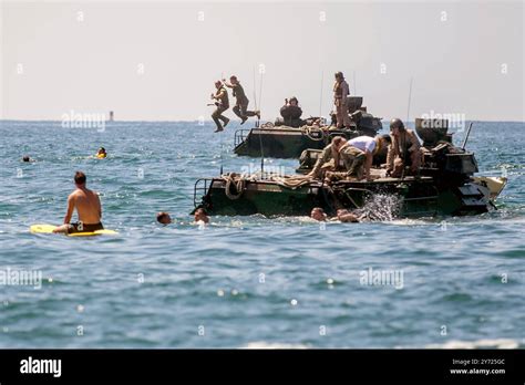 Us Marines With 3rd Assault Amphibian Battalion Jump From An