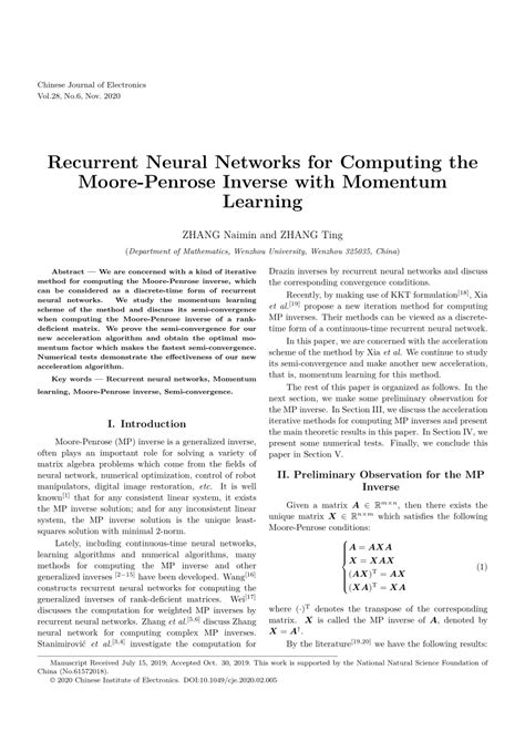 Recurrent Neural Networks For Computing The Moore Penrose Inverse With Momentum Learning