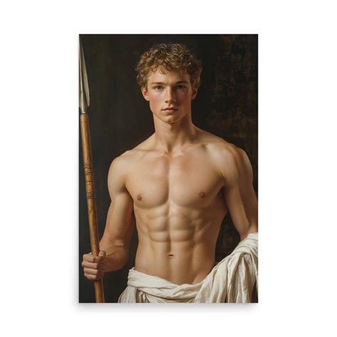Young Warrior Ai Art Poster Of Shirtless Male Warrior With Spear Etsy Uk