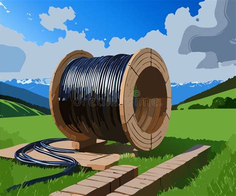Black Wire Electric Cable With Wooden Coil Of Electric Cable Under The