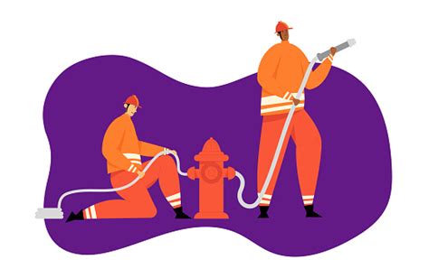 구조 장비와 소방 관 문자 소방 소방 방재 컨셉 소화기와 헬멧에 소방 관 벡터 평면 그림 벡터에 대한 스톡 벡터 아트 및 기타