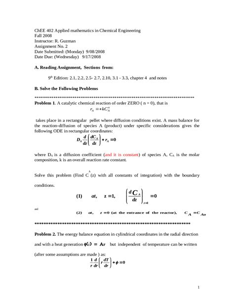 Chemical Engineering Modeling Assignment 2 With Solution Fall 2008