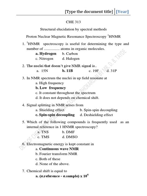 Structural Elucidation By Nmr Spectroscopy Che 313 Pdf Proton Nuclear Magnetic Resonance
