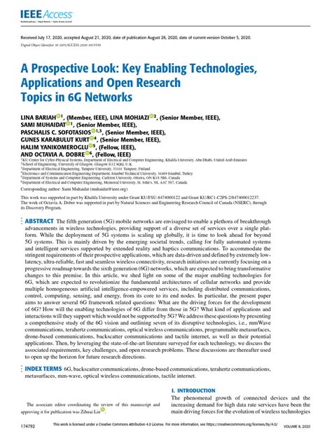 2020 A Prospective Look Key Enabling Technologies Applications And Open Research Topics In 6g