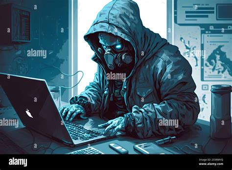 Hacker In A Blue Hoody Standing In Front Of A Code Background Neural