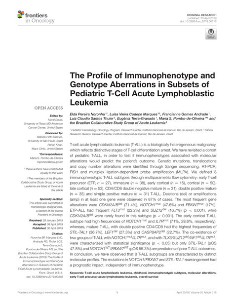 Pdf The Profile Of Immunophenotype And Genotype Aberrations In Subsets Of Pediatric T Cell
