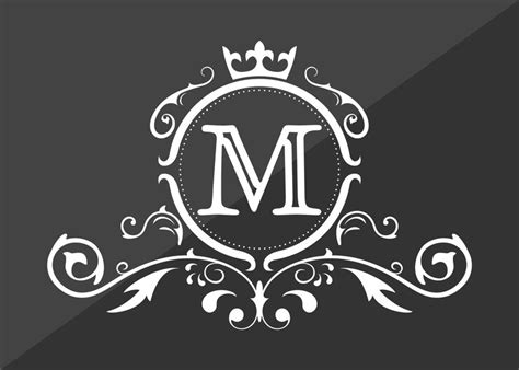 Ials 명함 로고 엠블럼 및 문장의 디자인을 위한 장식 및 크라운이 있는 라틴 알파벳 모노그램 템플릿의 양식화된 문자 M