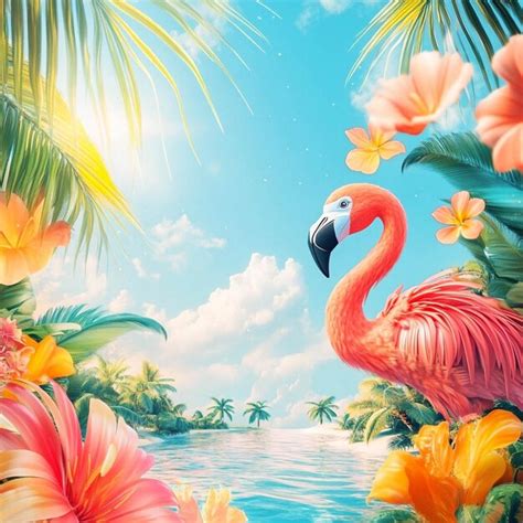 A Flamingo Is Standing In The Water With Flowers And A Tropical Scene