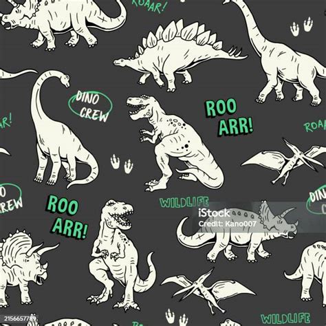 공룡 완벽 한 패턴입니다 손으로 그린 벡터 공룡 와 배경 와 View 티라노사우루스 렉스 스테고사우루스 브라키오사우루스 트리케라톱스 익룡 만화가 있는 패턴 공룡에 대한 스톡