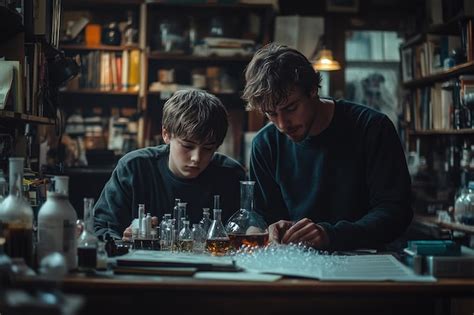 Two Young Men Conduct A Scientific Experiment In A Cluttered Wor